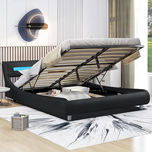 MWrouqfur Low Profile Upholstered Platform Bed with LED Lights Headboard, Hydraulic Lifting Under Bed Storage, Modern Curved PU upholstered Low Profile Platform Bed Frame for Kids Teens Adults