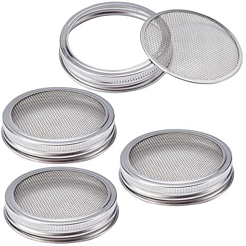 GORGECRAFT 4 Sets Sprouting Jar Lids 304 Stainless Steel Mesh Lid Growing Alfalfa Sprout Seeds Salad Strainer Lids Kit for Wide Mouth Mason Jars Canning Jar