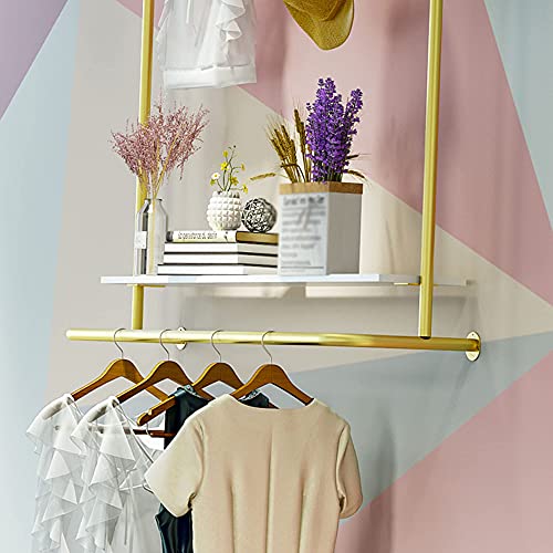 NEOCHY Wall-Mounted Clothes Rail, Clothes Display Rack with Shelves and 2 Rails, Industrial Tube Hangers, Closet Racks/Golden/100Cm