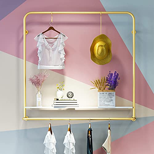 NEOCHY Wall-Mounted Clothes Rail, Clothes Display Rack with Shelves and 2 Rails, Industrial Tube Hangers, Closet Racks/Golden/100Cm