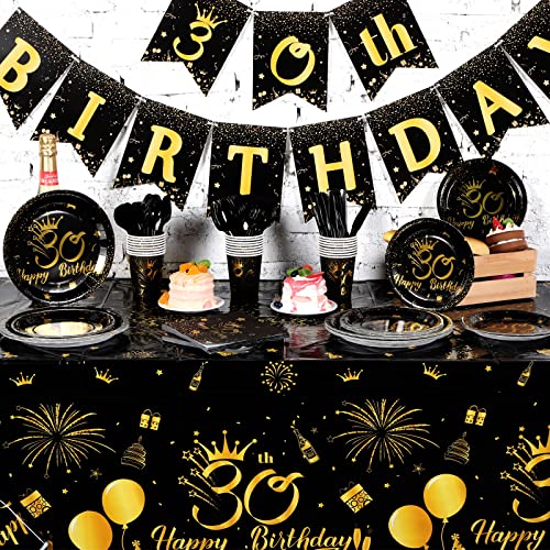 170 Pieces 30th Birthday Party Supplies Disposable Party Dinnerware Set with Plates Napkins Cups Banner 30th Birthday Tablecloth Black and Gold 30th Party Decoration for Men and Women, Serves 24