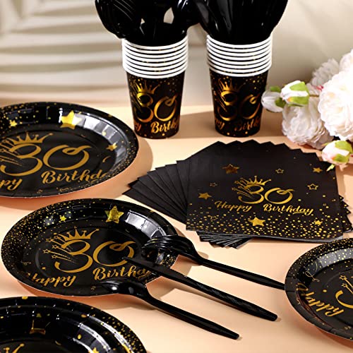 170 Pieces 30th Birthday Party Supplies Disposable Party Dinnerware Set with Plates Napkins Cups Banner 30th Birthday Tablecloth Black and Gold 30th Party Decoration for Men and Women, Serves 24