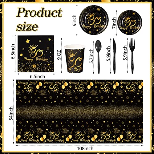 170 Pieces 30th Birthday Party Supplies Disposable Party Dinnerware Set with Plates Napkins Cups Banner 30th Birthday Tablecloth Black and Gold 30th Party Decoration for Men and Women, Serves 24