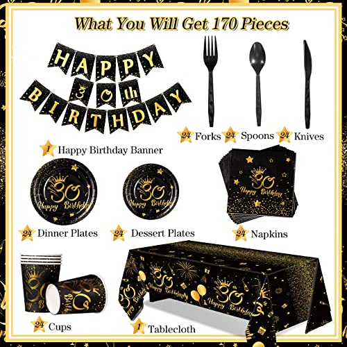 170 Pieces 30th Birthday Party Supplies Disposable Party Dinnerware Set with Plates Napkins Cups Banner 30th Birthday Tablecloth Black and Gold 30th Party Decoration for Men and Women, Serves 24