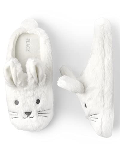 The Children's Place Unisex Slippers, White Bunny-Adult, Large Big_Kid