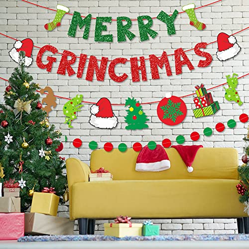 Merry Grinchmas Banner, Red & Green Grinchmas Christmas Party Sign Supplies, Merry Grinch Christmas Party Decorations