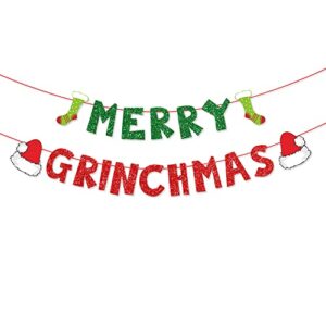 Merry Grinchmas Banner, Red & Green Grinchmas Christmas Party Sign Supplies, Merry Grinch Christmas Party Decorations