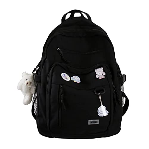 MQUN cute aesthetic backpack laptop black backpack middle school student schoolbag bear pin schoolbag