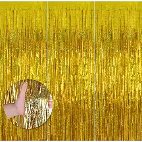 AimtoHome 3.3 ft x 8.2 ft Metallic Tinsel Foil Fringe Curtains, Tinsel Backdrop Shimmer Foil Rain Curtain ，Pack of 4 Streamer Backdrop (Gold)