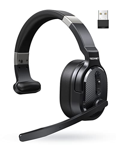 TECKNET Trucker Bluetooth Headset, Over-Ear 70h AI Noise Canceling Wireless Headphones with Microphone, Comfort ENC Bluetooth Headset with Dongle & Mute for PC Phone Laptop Office Home Skype Zoom