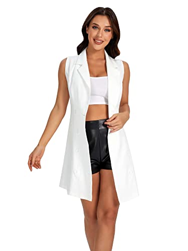 WDIRARA Women's Sleeveless Collared Double Breasted Blazer Dress Work Office Dresses White M