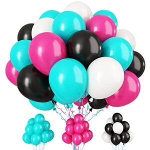 paready disco music party balloons, 30 pcs 12 inch hot pink black blue and white latex balloons with ribbons for 80s 90s disco music party hip hop theme party birthday dj short video party decoration