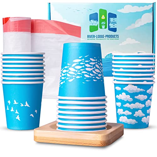 300 Ct 3 oz. Small Ecofriendly Disposable Paper Cups for Bathroom, Espresso Cups, with Ecofriendly Wooden Cup Holder and Biodegradable Small Bathroom Trashbags, Mouthwash Cups