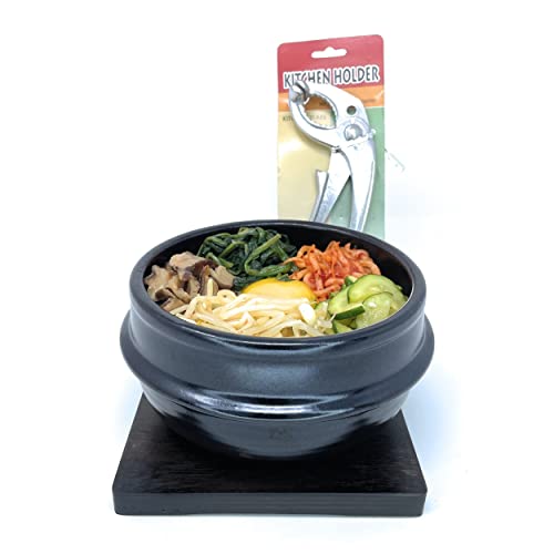 Jovely Korean Cooking Premium Ceramic Stone Bowl(Dolsot or Ddukbaegi) Diameter 6.3'' High 2.95'' Sizzling Hot Pot for Korean food such as Bibimbap and Soup (with Wood Tray and Special Bowl Tong Set)