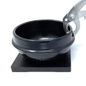 Jovely Korean Cooking Premium Ceramic Stone Bowl(Dolsot or Ddukbaegi) Diameter 6.3'' High 2.95'' Sizzling Hot Pot for Korean food such as Bibimbap and Soup (with Wood Tray and Special Bowl Tong Set)