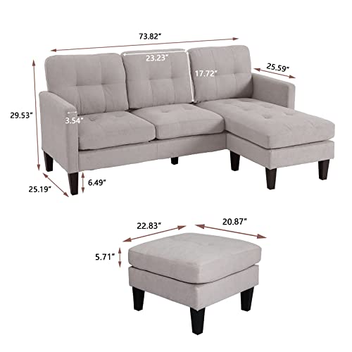 LETATA Convertible Sectional Sofa Couch with Chaise, Gray L Shaped Couch Sofa Set with Reversible Ottoman, Modern Small Sectional Couches for Living Room,Apartment,Small Spaces (Light Grey)