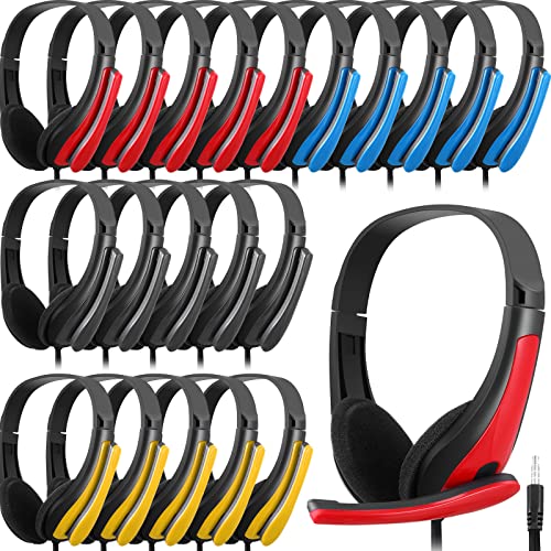 20 Pack Bulk Classroom Headphones with Microphone Students Kids Wired Headphones School Class Set Headphones for School Library Computer Office Meeting Adults 3.5 Jack Universal Plug (Multicolor)