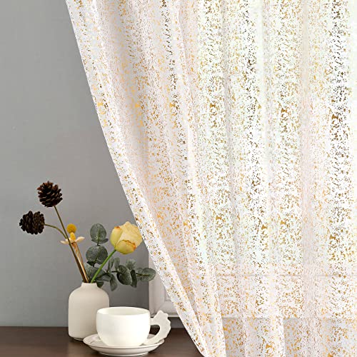 TERLYTEX Gold White Sheer Curtains 2 Panels, Metallic Gold Sheer Curtains 72 Inch Length, Rod Pocket Privacy Sparkle Glitter Gold Sheer Curtains for Living Room, 52 x 72 Inch, 2 Panels, Gold White