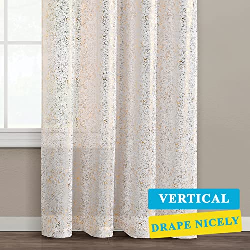 TERLYTEX Gold White Sheer Curtains 2 Panels, Metallic Gold Sheer Curtains 72 Inch Length, Rod Pocket Privacy Sparkle Glitter Gold Sheer Curtains for Living Room, 52 x 72 Inch, 2 Panels, Gold White