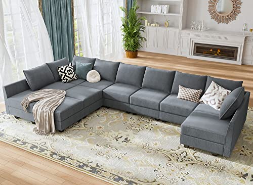 HONBAY Convertible U Shaped Modular Sofa Sectional Modular Couch with Chaise Oversized Sofa Sleeper Couch for Large Living Room, Bluish Grey