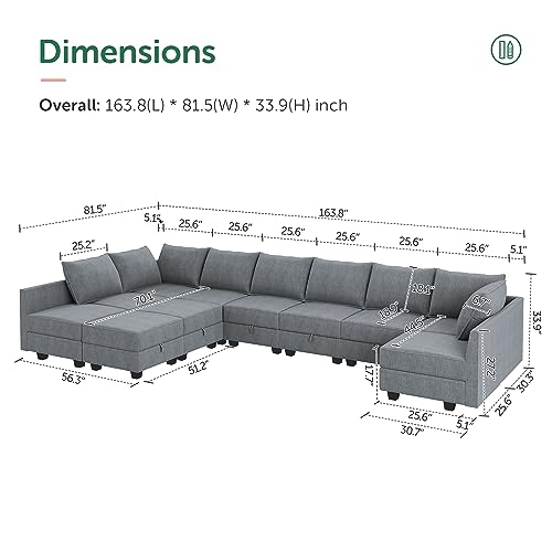 HONBAY Convertible U Shaped Modular Sofa Sectional Modular Couch with Chaise Oversized Sofa Sleeper Couch for Large Living Room, Bluish Grey