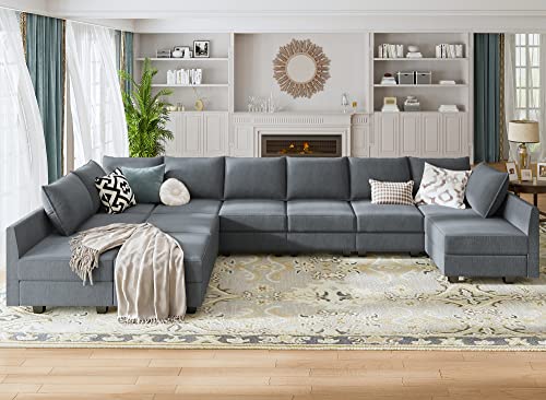 HONBAY Convertible U Shaped Modular Sofa Sectional Modular Couch with Chaise Oversized Sofa Sleeper Couch for Large Living Room, Bluish Grey