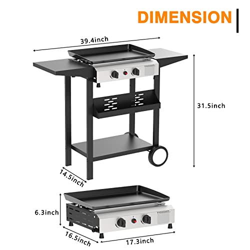 ADREAK 17.3 Inch 2 Burner BBQ Gas Grill Griddle, Stainless Steel Portable Detachable 20,000 BTU Table Top Propane Barbecue Grill for Camping or Tailgating (Only Griddle)