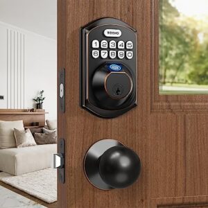 teeho te002k fingerprint door lock set - keyless entry door lock with handle - door knob with keypad deadbolt - smart locks for front door - auto lock - no need app - easy installation - bronze