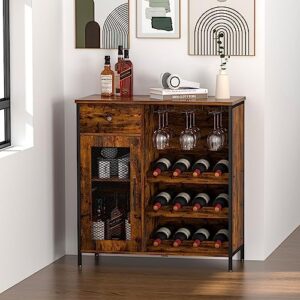 jksmart wine bar cabinet with 3-tier detachable wine rack and 1 drawer, industrial sideboard and buffet cabinet with glass holder, coffee bar cabinet with mesh door for home & kitchen, rustic brown