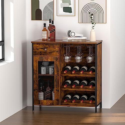 JKsmart Wine Bar Cabinet with 3-Tier Detachable Wine Rack and 1 Drawer, Industrial Sideboard and Buffet Cabinet with Glass Holder, Coffee Bar Cabinet with mesh Door for Home & Kitchen, Rustic Brown