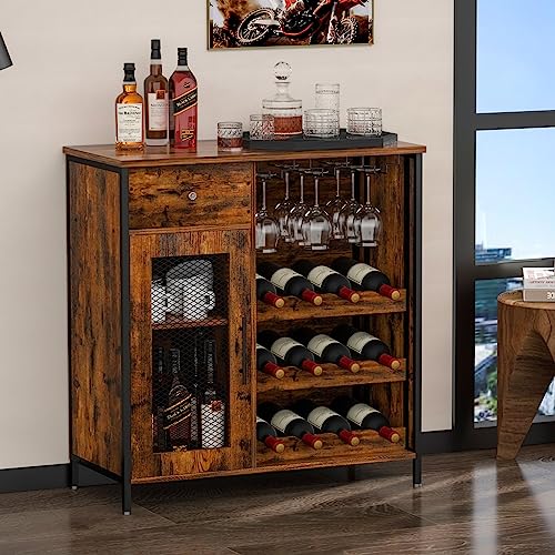 JKsmart Wine Bar Cabinet with 3-Tier Detachable Wine Rack and 1 Drawer, Industrial Sideboard and Buffet Cabinet with Glass Holder, Coffee Bar Cabinet with mesh Door for Home & Kitchen, Rustic Brown