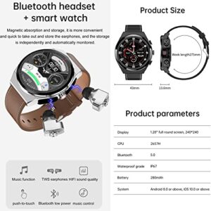 Tuanzi JM08 2 in 1 Smart Watch with Earbuds 1.28" Smartwatch TWS HiFi Stereo Wireless Headset Combo Bluetooth Phone Call for Android iOS (Black Leather)