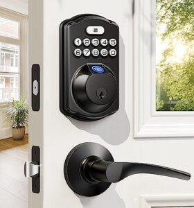 veise fingerprint door lock with 2 lever handles - keyless entry door lock, electronic keypad deadbolt & front door lock handle sets, auto lock & 1 touch locking, easy installation, matte black