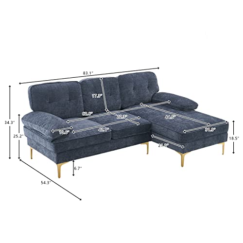 Karl home Sectional Sofa 83" L-Shape Sofa Couch 3-Seat Couch with Chaise ChenilleFabric Upholstered for Living Room, Apartment, Office, Dusty Blue