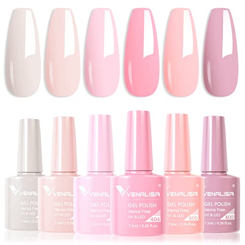 VENALISA Hema-Free Pink Gel Nail Polish Set- 6 Colors Popular Nude Pink Gel Polish Kit, Soak Off LED Nail Lamp Light Pink Gel Manicure Kit DIY at Home Salon Gifts for Women Girls