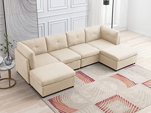 linor Modern U Shaped Convertible Sofa Couch,118'' Modular Sectional Sofa with Tufted Back Cushion, 6 Seat Oversized Sectionals Sofa Couch with Ottomans for Living Room (Linen,Beige)