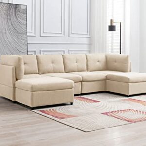 linor Modern U Shaped Convertible Sofa Couch,118'' Modular Sectional Sofa with Tufted Back Cushion, 6 Seat Oversized Sectionals Sofa Couch with Ottomans for Living Room (Linen,Beige)