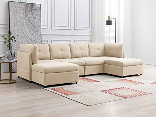 linor Modern U Shaped Convertible Sofa Couch,118'' Modular Sectional Sofa with Tufted Back Cushion, 6 Seat Oversized Sectionals Sofa Couch with Ottomans for Living Room (Linen,Beige)