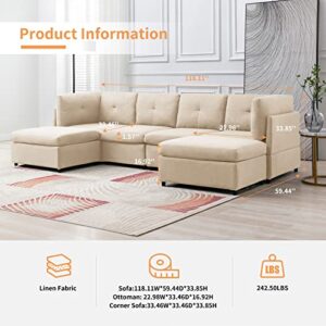 linor Modern U Shaped Convertible Sofa Couch,118'' Modular Sectional Sofa with Tufted Back Cushion, 6 Seat Oversized Sectionals Sofa Couch with Ottomans for Living Room (Linen,Beige)