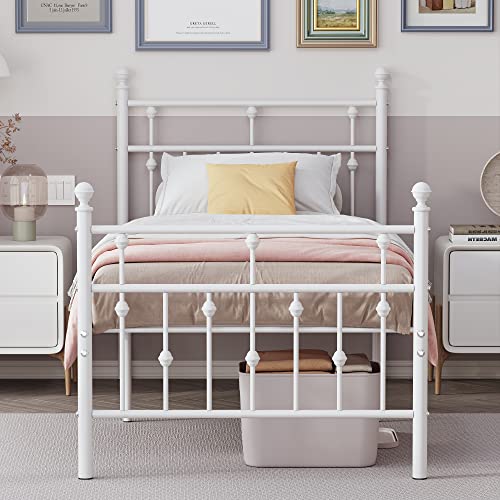 Weehom Twin Size Bed Frame with Headboard Strong Slats Support Heavy Duty Twin Bed Large Storage Easy Assembly for Kids Adults, White