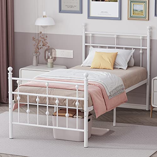 Weehom Twin Size Bed Frame with Headboard Strong Slats Support Heavy Duty Twin Bed Large Storage Easy Assembly for Kids Adults, White