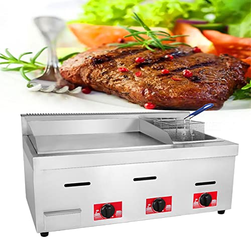 Burner Portable Gas Plancha BBQ Griddle, Stainless Steel, Restaurant Professional Grade Stainless Steel Propane Grill, Multi-Function Commercial Kitchen Gas Grill with Basket for Outdoor Catering