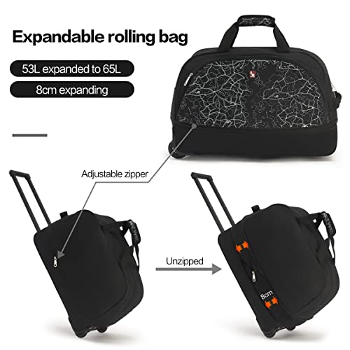 OIWAS Small Rolling Duffle Bag with Wheels 22 inch Travel Bag with Wheels Tote Short Term Overnight Trips Expandable 45L to 55L Carry On Luggage Women Men Black