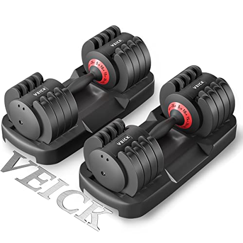 VEICK Adjustable Dumbbell, 25/55 lb Dumbbell for Men and Women, Fast Adjust Weight by Turning Handle, Black Dumbbell with Tray Suitable for Home Gym Full Body Workout Fitness