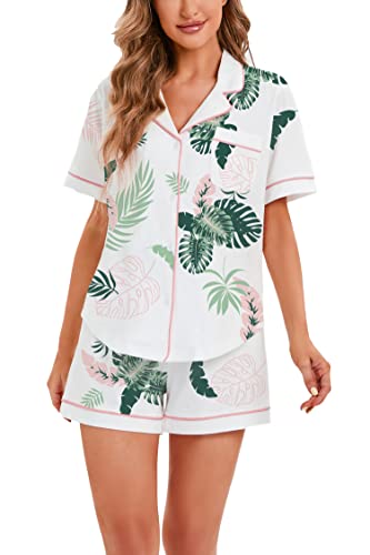 LUBOT 100% Cotton Women's Pajamas Set Short Sleeve Button-Down Shirt PJ Two-piece Set Printed Patterned Summer Night Suit Sleepwear Loungewear (Leaves, M)