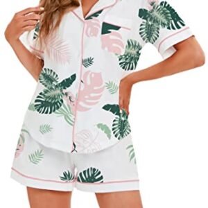 LUBOT 100% Cotton Women's Pajamas Set Short Sleeve Button-Down Shirt PJ Two-piece Set Printed Patterned Summer Night Suit Sleepwear Loungewear (Leaves, M)