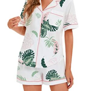 LUBOT 100% Cotton Women's Pajamas Set Short Sleeve Button-Down Shirt PJ Two-piece Set Printed Patterned Summer Night Suit Sleepwear Loungewear (Leaves, M)