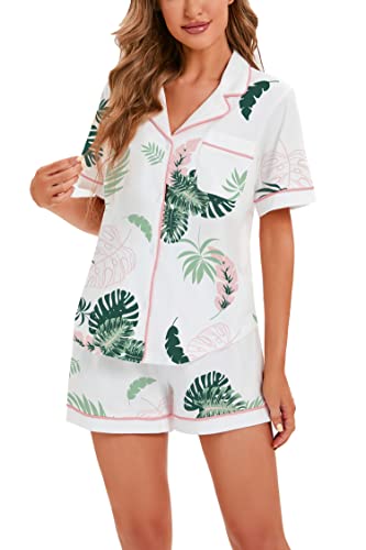 LUBOT 100% Cotton Women's Pajamas Set Short Sleeve Button-Down Shirt PJ Two-piece Set Printed Patterned Summer Night Suit Sleepwear Loungewear (Leaves, M)