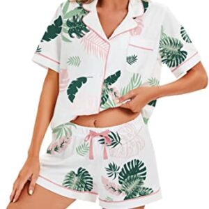 LUBOT 100% Cotton Women's Pajamas Set Short Sleeve Button-Down Shirt PJ Two-piece Set Printed Patterned Summer Night Suit Sleepwear Loungewear (Leaves, M)