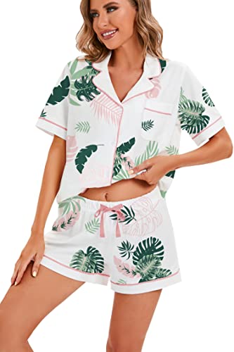 LUBOT 100% Cotton Women's Pajamas Set Short Sleeve Button-Down Shirt PJ Two-piece Set Printed Patterned Summer Night Suit Sleepwear Loungewear (Leaves, M)